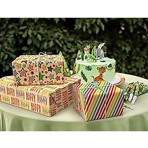 ZINTBIAL Kraft Birthday Wrapping Paper for Kids Adults - Brown Gift Wrap with Cakes, Rainbow Stripes, Stars, and "Happy Birthday" Design - 20 x 29 Inches per Sheet (8 Sheets 33 sq. ft.) Recyclable, Easy to Store, Not Rolled