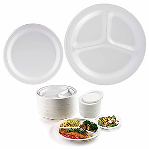 22 White Foam 3 Compartment Plate 8 7/8" & 25pc Round Foam Plate 6" Party Picnic Dessert Everyday Foam Plates School Tray Lunch Tray Dinnerware Strong Extra Thick Round Foam Plates 2 Sizes 6 Inch and