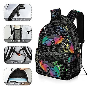 MEIKKO Colorful Sports Cars Backpack Funny Racecar Computer Bags with Chest Strap,Lightweight Casual Daypack for Women Men Hiking Travel Work and Business 16 Inch