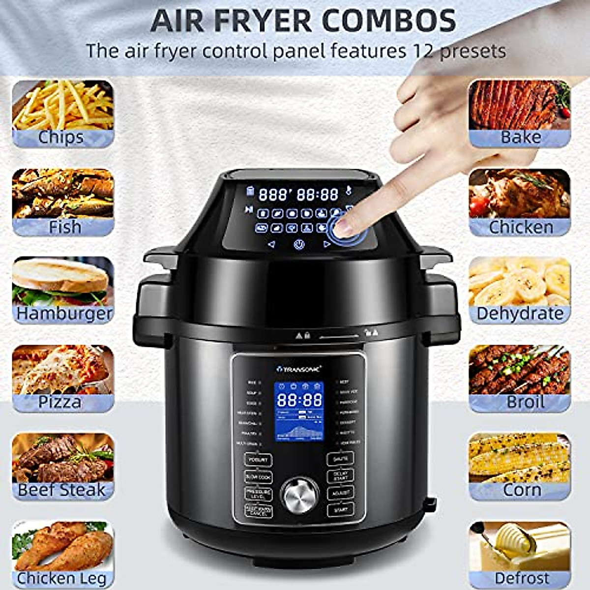 Transonic OPA160 Pressure Cooker Air Fryer Combo, 6 Quart 1500W Multi Cooker Pressure Cooker Air Fryer, All in 1 Pressure Cooker with Air Fryer Lid, Large LED Display, Black Metallic