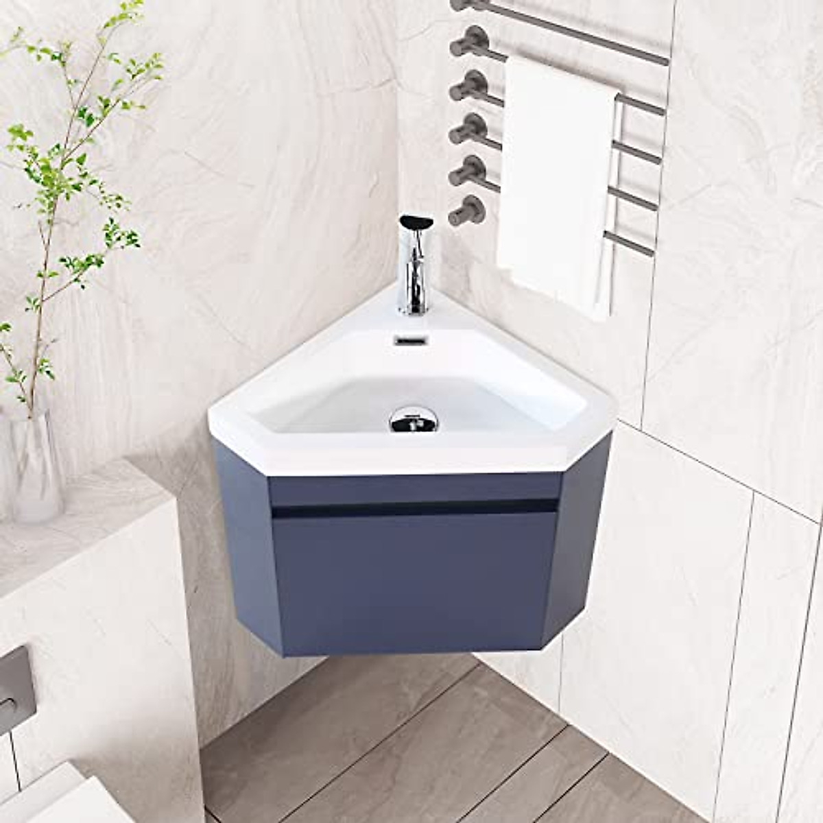 walsport 16" Corner Bathroom Vanity Floating Single Sink Combo for Small Space Wall Mounted Cabinet Set Design Resin Basin Sink Top Chrome Faucet and Drain,Blue