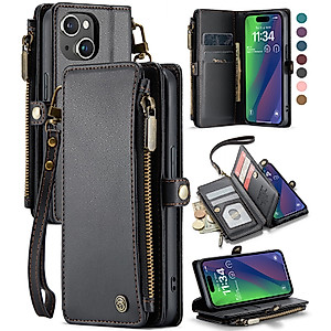 Defencase for iPhone 15 Case,【RFID Blocking】 for iPhone 15 Wallet Case for Women Men with Credit Card Holder Slots Zipper Pocket Book Flip PU Leather Protective Cover for iPhone 15 Phone Case, Black