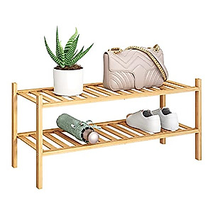 BMOSU 2-Tier Bamboo Shoe Rack Premium Stackable Shoe shelf Storage Organizer For Hallway Closet Living Room Entryway Organizer (Natural Bamboo)