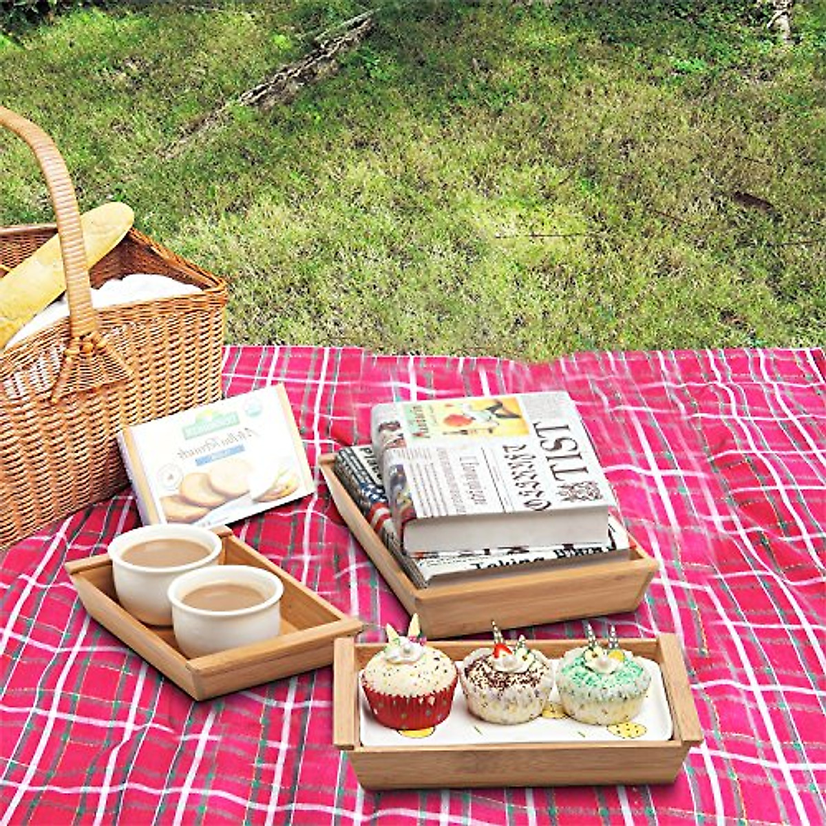 MyGift Natural Bamboo Nesting Small Serving Tray with Handles, Wooden Decorative Trays, Set of 3