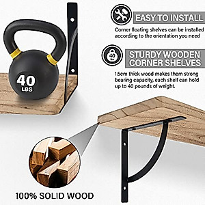 KOOHOAMZ Corner Floating Shelves Wall Mounted Set of 4,Corner Wall Shelf Rustic Wood Corner Floating Shelves for Bedroom, Living Room, Bathroom, Kitchen, Office -Floating Corner Storage Wood Shelves