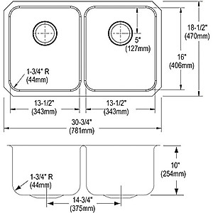 Elkay Lustertone ELUH311810 Equal Double Bowl Undermount Stainless Steel Kitchen Sink