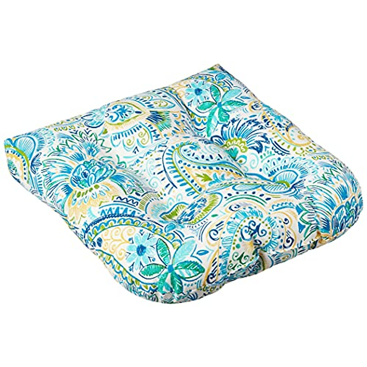 Pillow Perfect Paisley Outdoor Wicker Patio Seat Cushion Reversible, Weather, and Fade Resistant, Round Corner - 19" x 19", Blue/Yellow Gilford, 2 Count