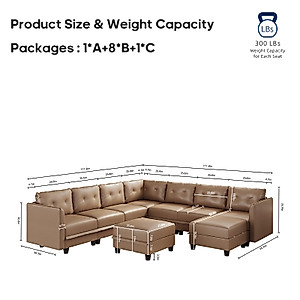 LLappuil Modular Sectional Sofa, Oversized U Shaped Sofa with Storage, Sectional Couch for Living Room, Faux Leather Fabric Waterproof Sofa, 8 Seats with Ottoman, Cognac Brown