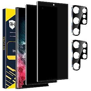 Arshek [2+2 Pack] Galaxy S22 Ultra Privacy Screen Protector, 9H Tempered Glass, Ultrasonic Fingerprint Support, 3D Curved, HD Clear Anti-Spy Film for Samsung S22 Ultra 5G Glass Screen Protector