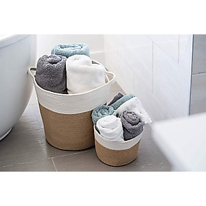 Little Hippo 2pc Large Cotton Rope Basket, White (16"x15") 100% Natural Cotton! Laundry Basket, Woven Storage Basket, Blanket Basket Living Room, Toy Storage Basket, Pillow Basket, Round Basket