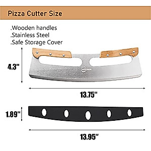 14" Premium Pizza Cutter Rocker Style AKGUNDA , Very Sharp Stainless Steel Pizza Knife Slicer Blade with Cover, Safer with Double Wooden Grip, Chopper Suitable for Cakes all Types of crusts