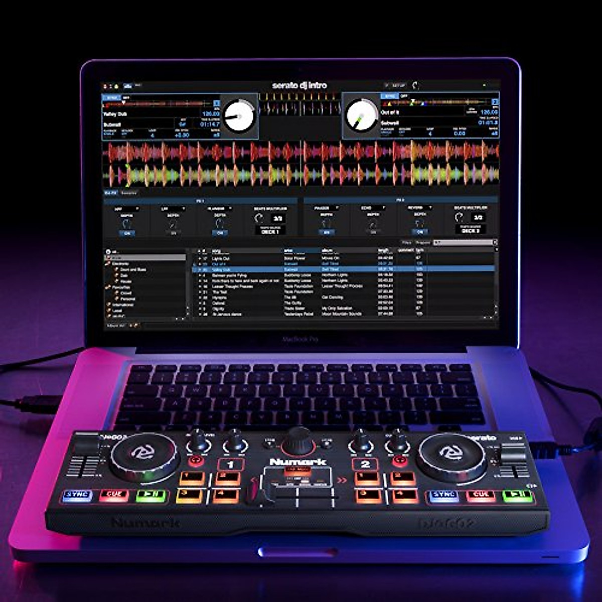 Numark DJ2GO2 | Ultra Portable Two Channel DJ Controller for Serato DJ Intro Featuring A Built In Audio Interface With Headphone Cueing, Pad Performance Controls, Crossfader and Jogwheel
