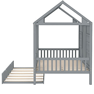 Harper & Bright Designs Full House Bed with Trundle, Wood Kids Trunlde Bed Full with Rails,Windows and Roof,Full Bed Frames with Trundle Playhouse Bed Frame for Girls Boys (Full,Grey)