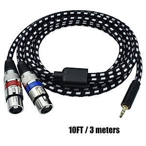 Mugteeve 3.5 mm to Dual XLR Female Y Splitter Cable, Stereo 1/8" Mini TRS to Dual Female XLR Breakout Mic Cord Adapater, Nylon Braided, OFC Shield, for Recording, Livestream, Broadcast - 10 Feet