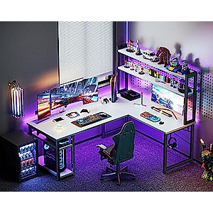 ODK L Shaped Gaming Desk with Hutch, Computer Desk with Storage Shelves, 59" L Shaped Desk for Home Office, Corner Desk with Headphone Hook, White