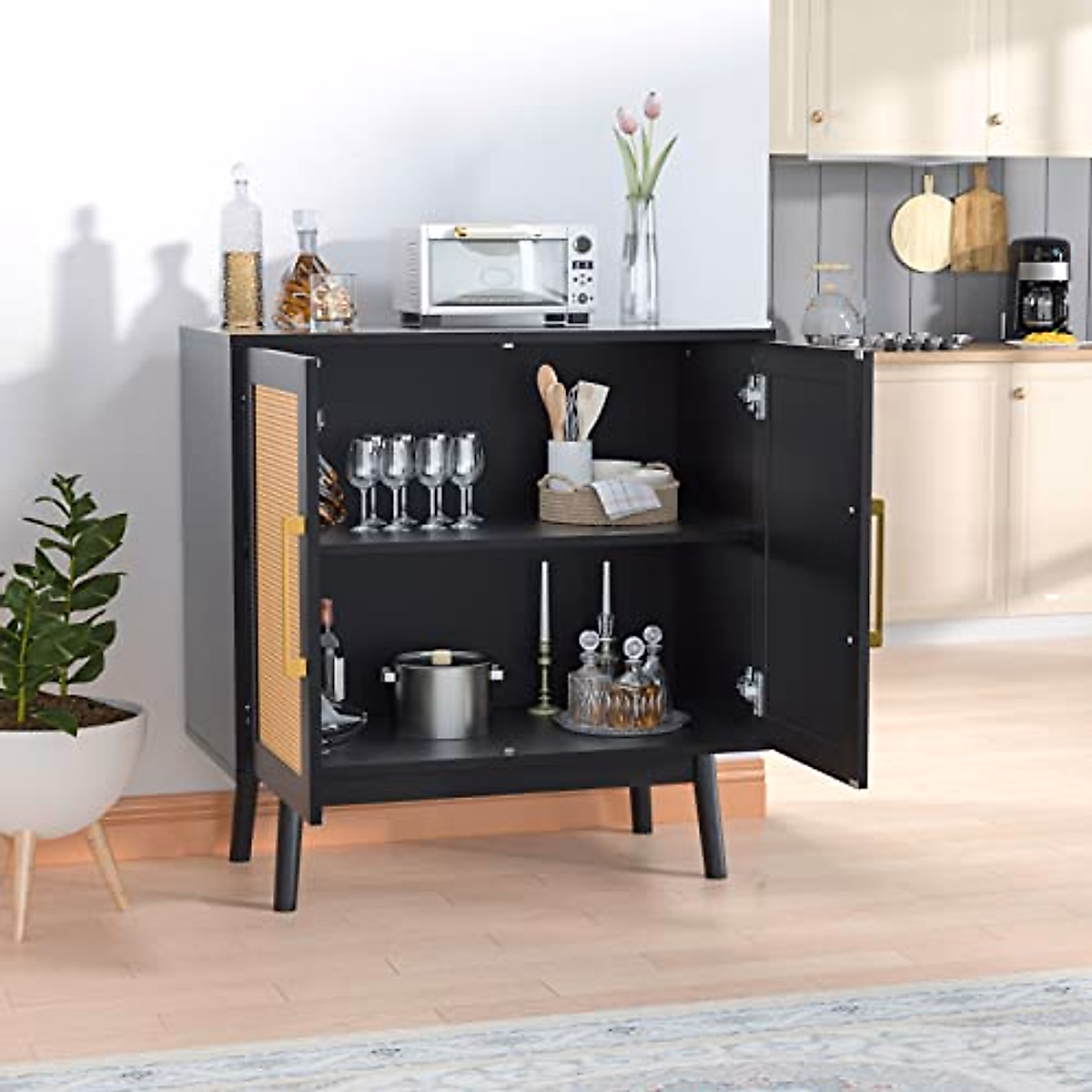 CARPETNAL Sideboard Buffet Cabinet, Modern Rattan Storage Cabinet with Double Doors and Adjustable Shelves, Accent Cabinet for Living Room, Bedroom, Hallway (Black)