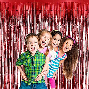 BTSD-home Red Foil Fringe Curtain, Metallic Photo Booth Backdrop Tinsel Door Curtains for Wedding Birthday Bridal Shower Baby Shower Bachelorette Christmas Party Decorations(4 Pack, 8ft x 3ft)