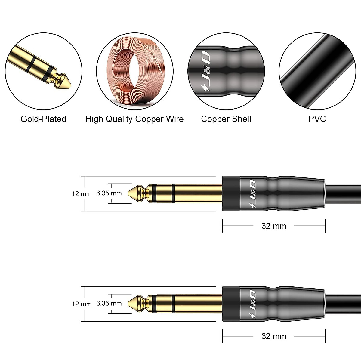 J&D 1/8 to XLR Cable and 1/4 inch TRS Cable Bundle, Gold Plated Copper Shell TRS Male 1/8 inch 3.5mm to XLR Female Balanced Audio Cable, 6.35mm 1/4 inch TRS Male to Male Stereo Instrument Cable