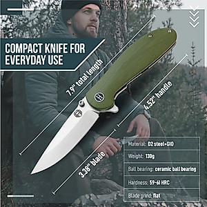 Holtzman's Gorilla Survival Folding Knife D2 Steel Blade G10 Tactical Handle Pocket Folding Knife EDC Giftset for Men (Silver and Green)