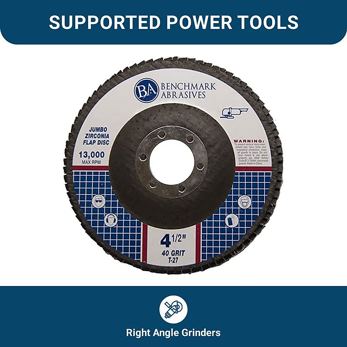 Benchmark Abrasives 4.5" x 7/8" Premium High-Density Jumbo Zirconia Type 27 Flap Discs for Sanding, Stock and Rust Removal, Finishing, Grinding, Deburring (10 Pack) - 40 Grit