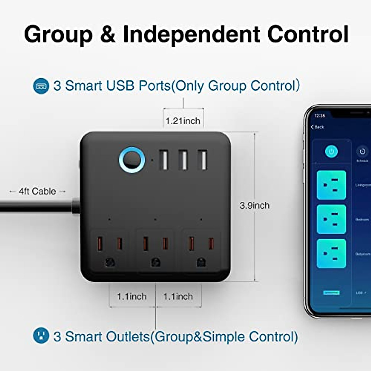 GHome Smart Power Strip, 3 USB Ports and 3 Individually Controlled Smart Outlets, WiFi Surge Protector Works with Alexa Google Home, Home Office Cruise Ship Travel Multi-Plug Extender Flat Plug, 10A