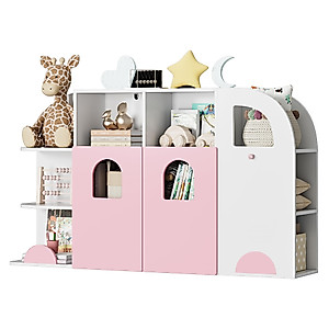 FACBOTALL Kids Bookshelf in The Shape of Truck, 3-Tier Toy Storage Organizer with Two Doors, Toddler Bookcase and Toy Storage for Living Room, Kindergarten, Playroom, Nursery, Pink and White