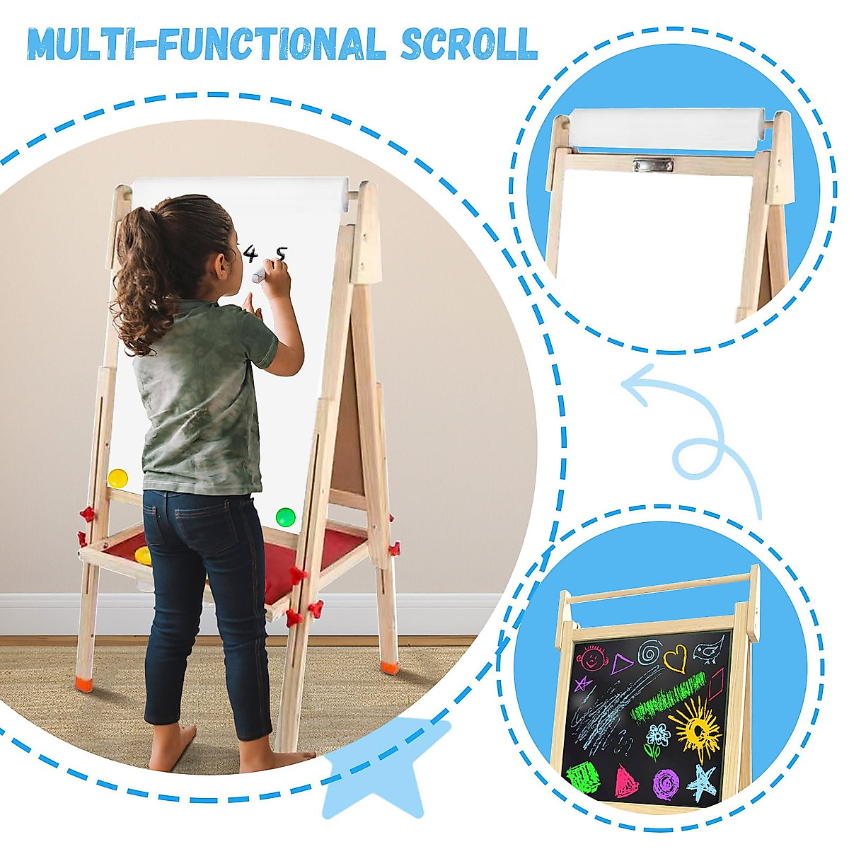 Easel for Kids Including 100+ Accessories - White Board for Kids and Black Board Double Sided Adjustable Wooden Kids Easel with 1 Drawing Paper Roll Wooden Magnetic Drawing Board for Kids