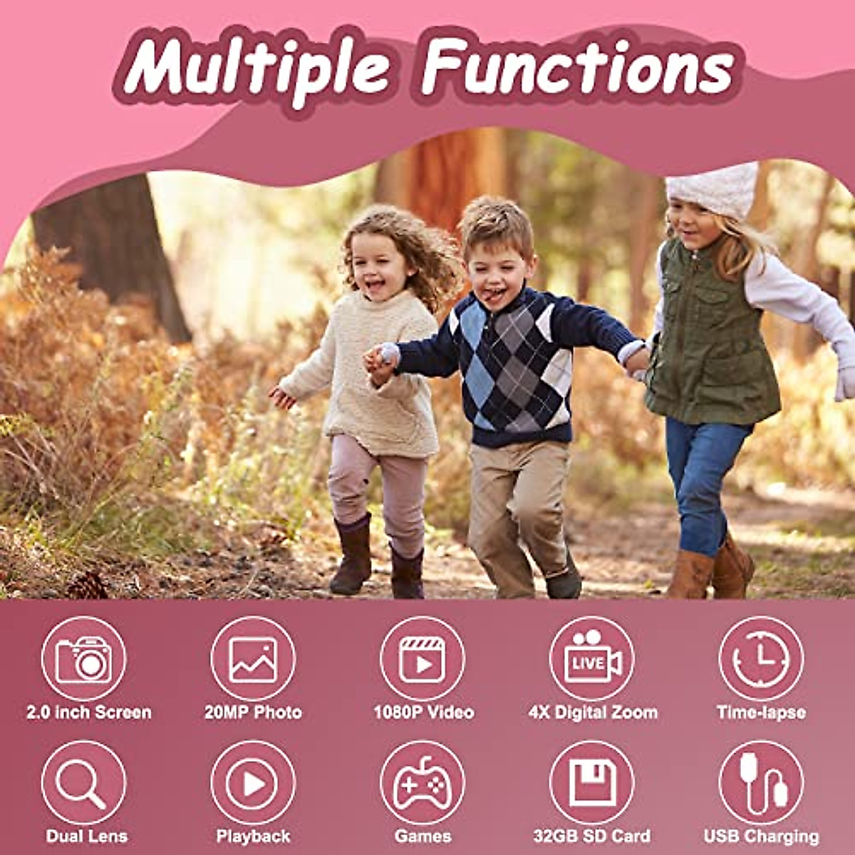 OMOTIYA Kids Camera, 1080P HD Digital Video Camcorder Camera/Upgrade Selfie Camera with Dog Soft Silicone Cover, for Boys/Girls Age 3-12, Birthday Gifts with 32GB TF Card Pink