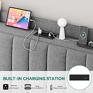 DWVO Floating Bed Frame Queen Size, LED Bed Frame with Charging Station & Hidden Legs, Upholstered Platform Bed with Bookcase Headboard, Robust Steel Structure & Easy Assembly, Grey