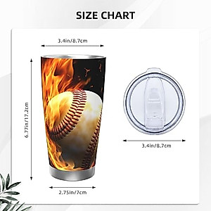 Fire Baseball Tumbler with Lid and Straw 20oz Stainless Steel Car Cup for Hot and Cold Drinks, Double Wall Insulated Travel Coffee Mug Reusable Drink Thermos Cup Birthday Gifts