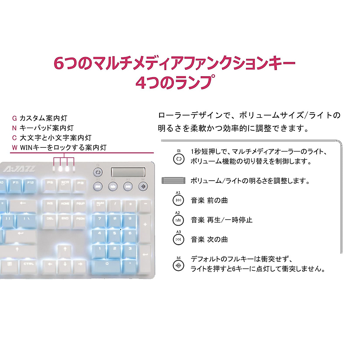 AK35i Mechanical Gaming Keyboard, 104 Keys and 6 Media Keys Anti-Ghosting, 2 Colors PBT Keycap, Elegant White Backlight, Aluminum Panel (Brown Switch/White Backlight, White&Blue)