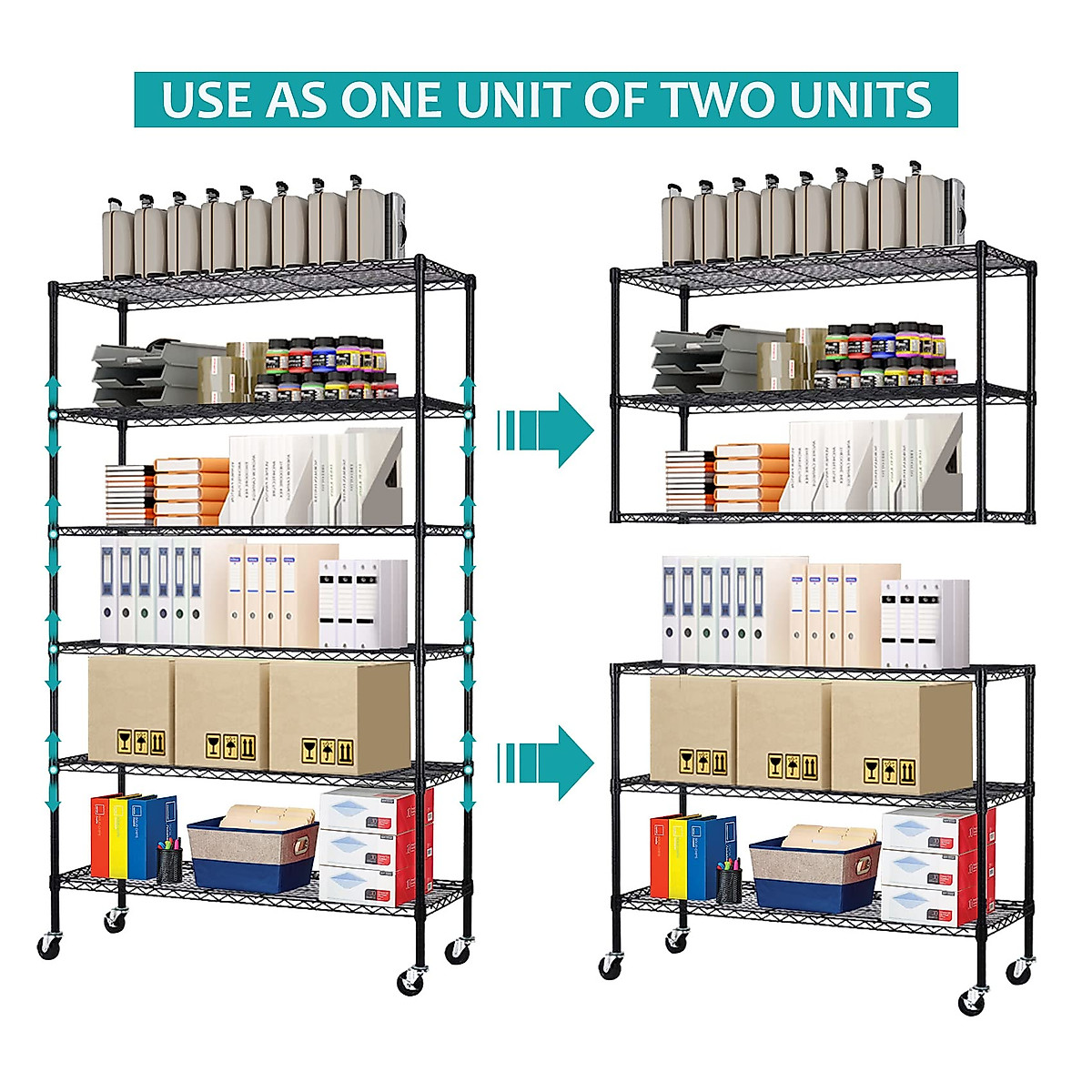 6 Tier Wire Shelving Unit Rack, NSF Heavy Duty Height Adjustable Storage Shelf Metal Shelving with Wheels/Feet Levelers for Garage Rack Kitchen Rack Office Rack Commercial Shelving - 18"x48"x82" Black