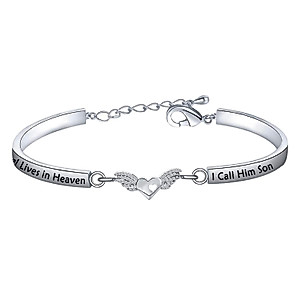LQRI Memorial Jewelry Loss of Family Member Gift My Guardian Angel Lives in Heaven I Call Him/Her Grandpa Son Grandma Mom Daughter Angel Wing Charm Bracelet In Memory Of Loved One (silver-son)