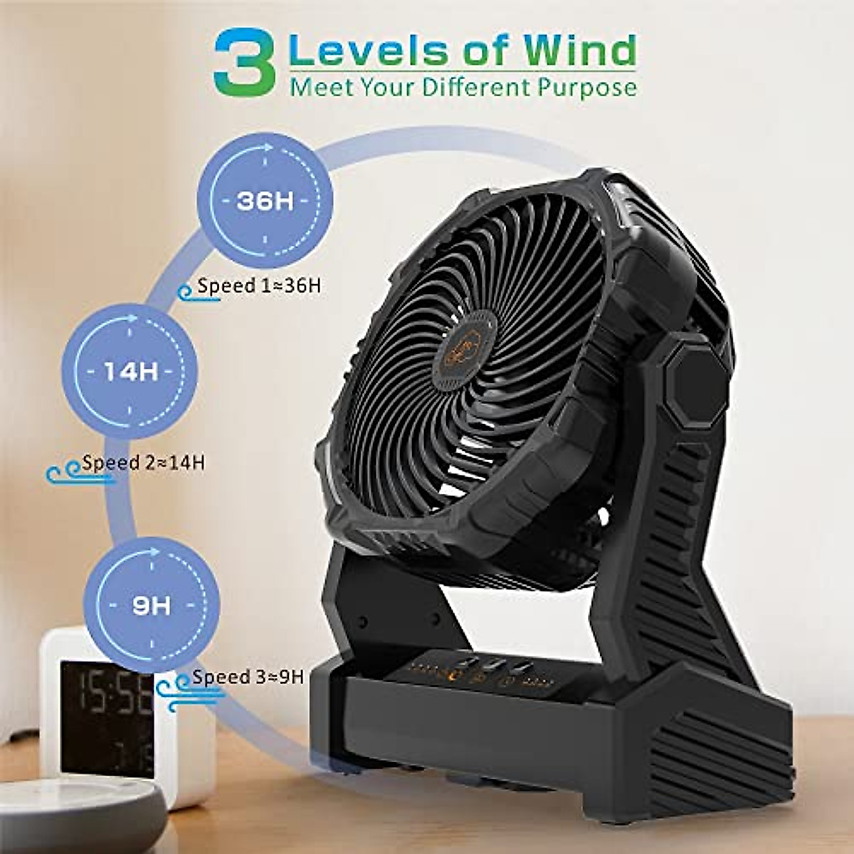 Portable Rechargeable Fan with Light, 10000mAh Battery Operated Tent Fan with Light & Hook, 270° Pivot, 3 Speeds, Personal USB Table Fan for Camping, Power Outage, Hurricane, Jobsite