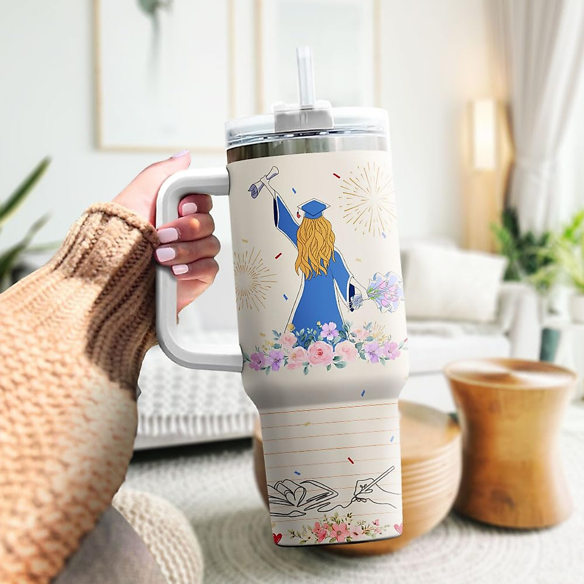 99OWL Graduation Gifts, Tumbler 40 Oz With Handle Lid And Straw, Congrats Graduation Memorial, Gold Royal Of Senior Handle Floral Heart Class Light Teal Flower Tumblers Rose Navy