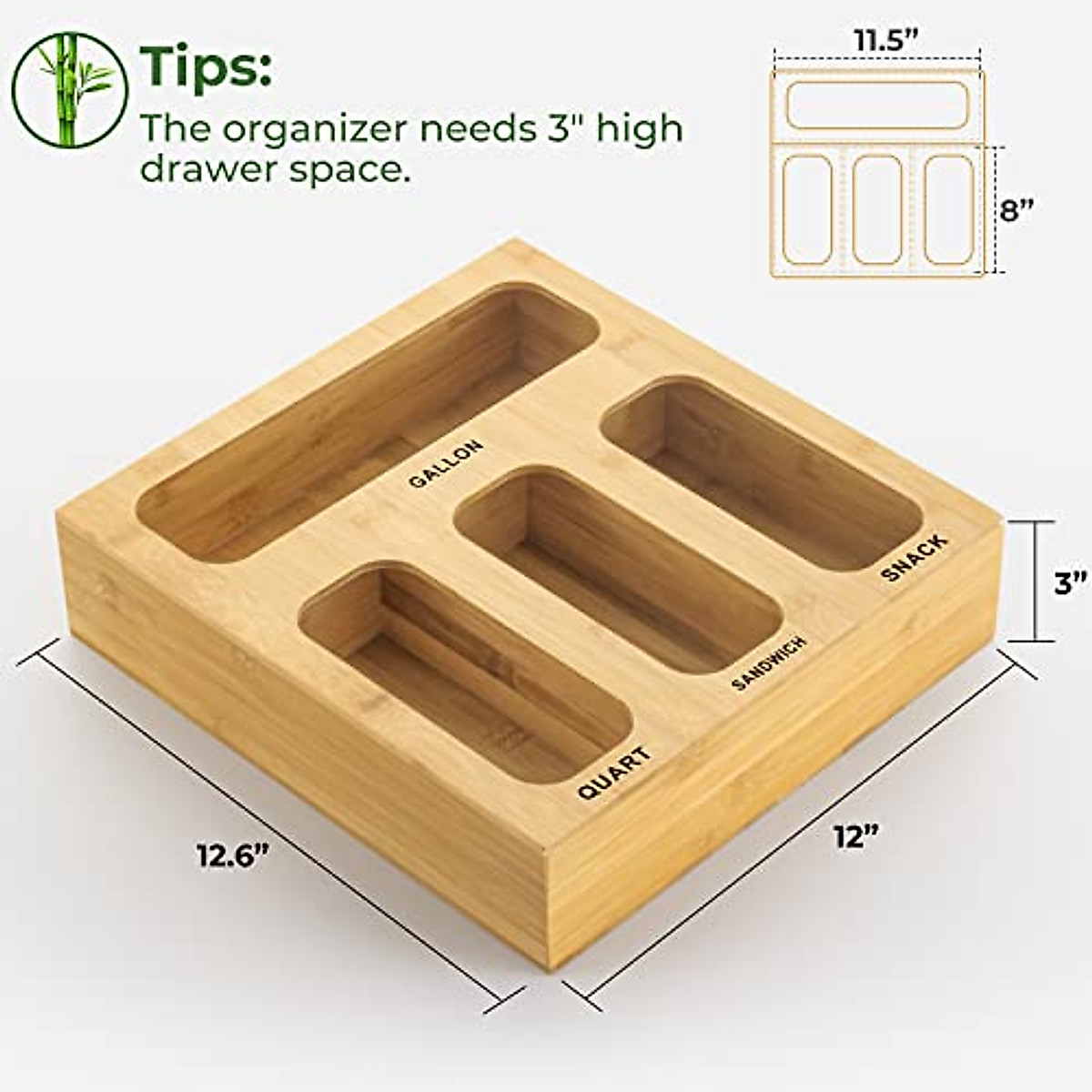 Ziplock Bag Organizer - Pantry Storage Bag Organizer for Kitchen Drawer, Natural Bamboo Organizer Compatible with Ziploc, Solimo, Glad, Hefty for Gallon, Quart, Sandwich, and Snack Variety Size Bag