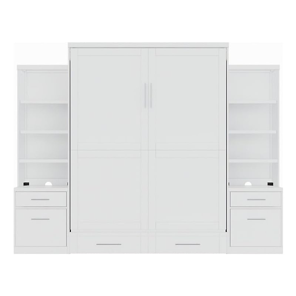 RoomAndLoft Queen Size White Murphy Wall Bed in Solid Wood, with Storage and Shelves, No Box Spring Needed, Easy Assembly, Up to weight capacity