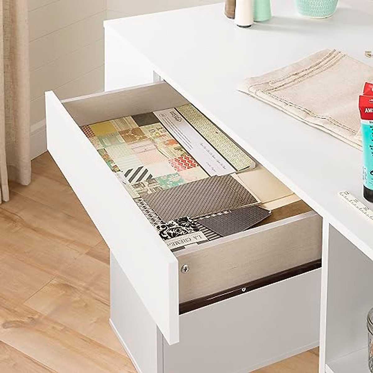 South Shore Crea Counter-Height Craft Table with Scratchproof Surface and Interchangeable Modules - 4 baskets included, Pure White