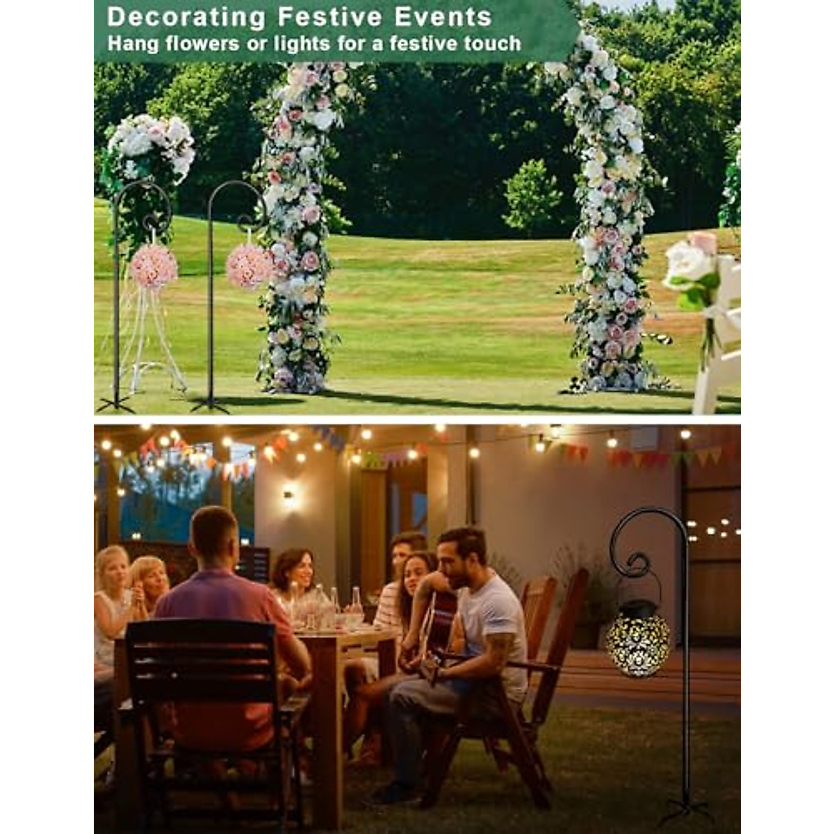 Koutemie 60 Inch Outdoor Shepherd Hook for Hanging Plant, Adjustable Heavy Duty Bird Feeder Pole with 5 Prong Base for Solar Lanterns, Black & 2 Packs