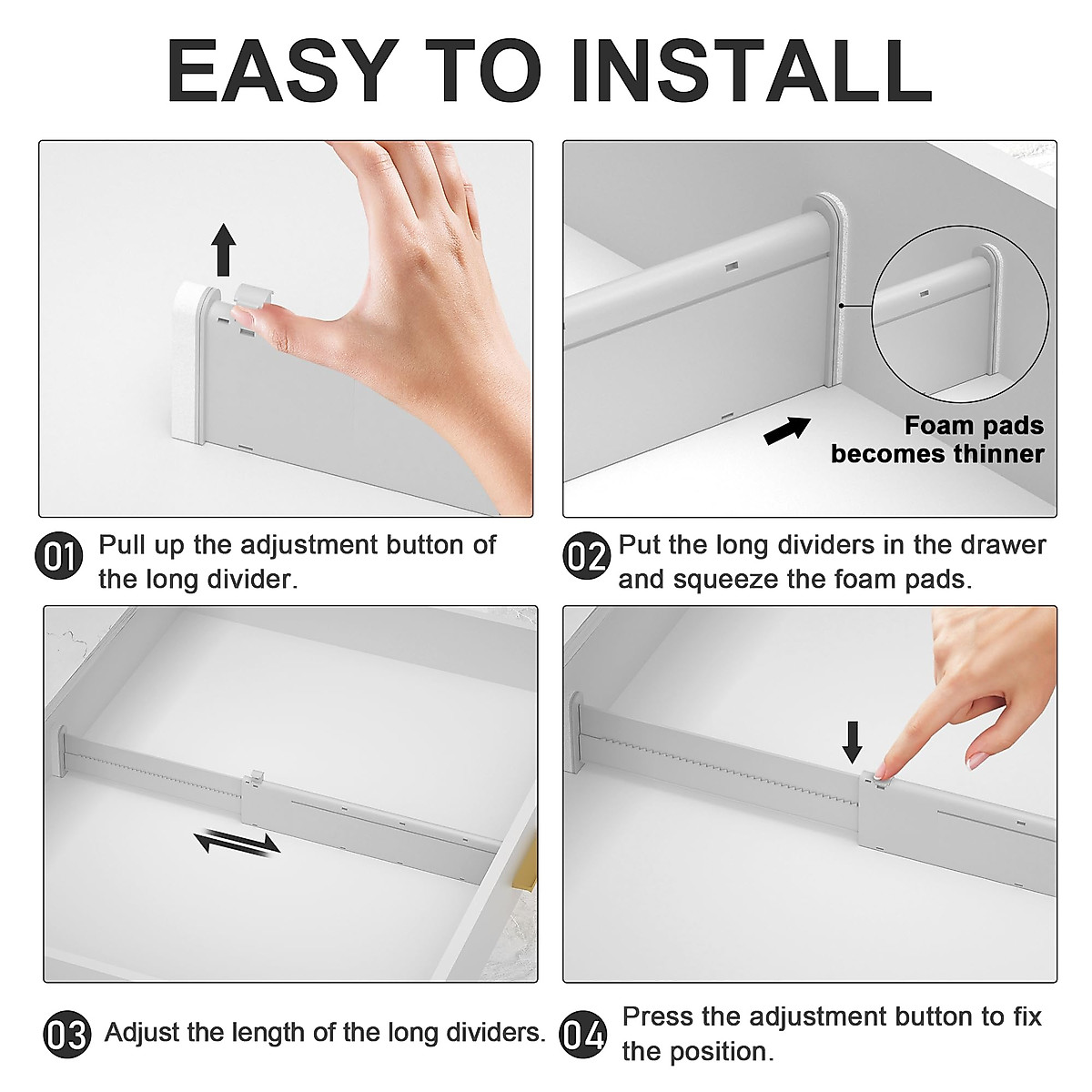 HiYZ Expandable Drawer Dividers - 12.6-22.8'' Adjustable Drawer Divider Organizers for Kitchen Utensils, Drawer Separators in Bedroom, Dresser, Office, Bathroom, Fridge, 3 Pack Long Dividers-Gray