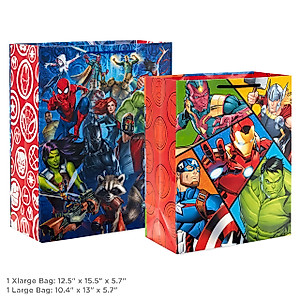 Hallmark Marvel Superhero Gift Bag Set (1 Large 13" Bag and 1 Extra Large 15" Bag) with Spider-Man, Hulk, Thor, Iron Man for Birthdays, Christmas, Halloween
