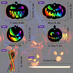 JULMELON 48 Pieces Halloween Scratch Paper Crafts Kit Bulk of Halloween Pumpkins Magic Rainbow Scratch Art for Kids DIY Party Ornaments Halloween Decor with 6 Pcs Halloween Pumpkins Stencils