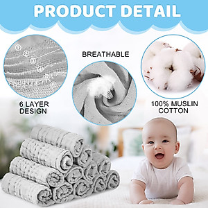 20 Packs Muslin Baby Burp Cloths Set Large 20 x 10 Inch Cotton 6 Layers Burp Cloths for Baby Girl Newborn Washcloths Infant Burp Wipes Soft and Absorbent Napkins for Boys and Girls (Gray)