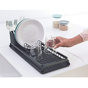 Brabantia Large Dish Drying Draining Rack (Light Gray) Plastic Easy-Clean Drip Tray & Removable Cutlery Basket