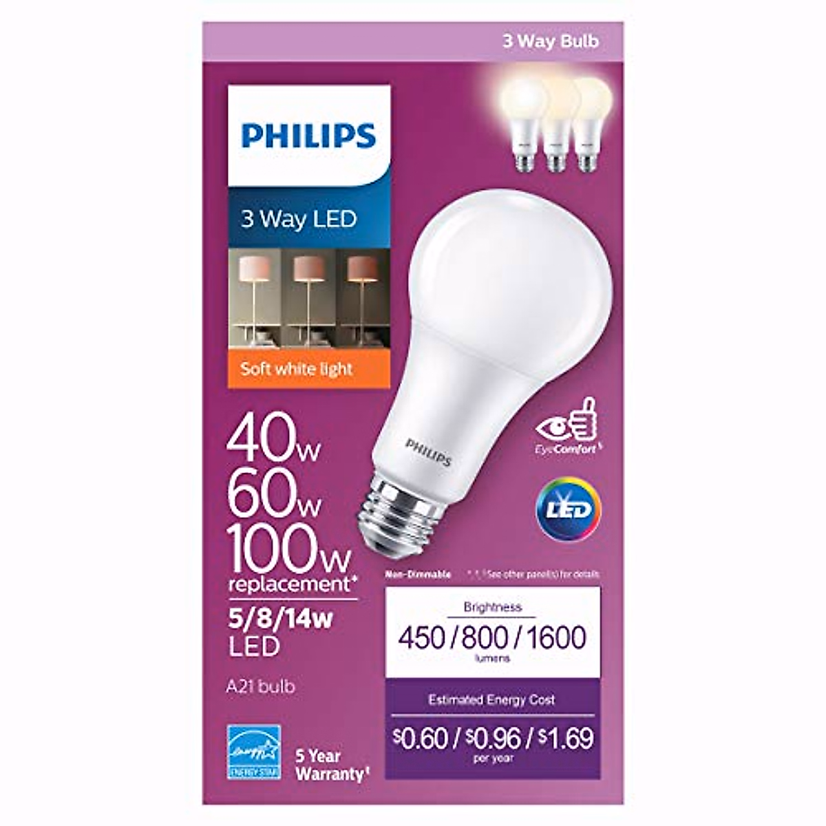 Philips LED 556928 3-Way A21 Flicker-Free Light Bulb with EyeComfort Technology: 1600-800-450-Lumen, 2700K, 14-8-5 (100-60-40-Watt Equivalent), E26 Base, Soft White, 4-Pack, Title 20 Compliant