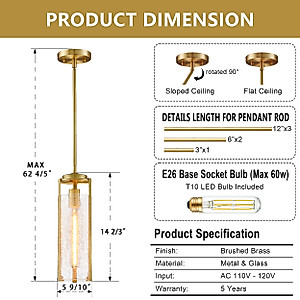 Untrammelife Modern Gold Pendant Light, Crackle Glass Shade Hanging Pendant Light Fixture 14" Single Brushed Brass Ceiling Chandelier for Kitchen Island,Dining Room,Bathroom, T10 LED Bulb Included