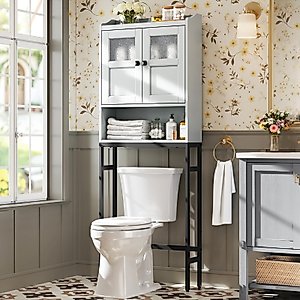 MXARLTR Over The Toilet Storage Cabinet, Bathroom Organizer Over Toilet Storage, Double Doors Over The Toilet Storage Soft Hinges above Toilet Bathroom Storage Shelf Over-The-Toilet Storage (Gray)