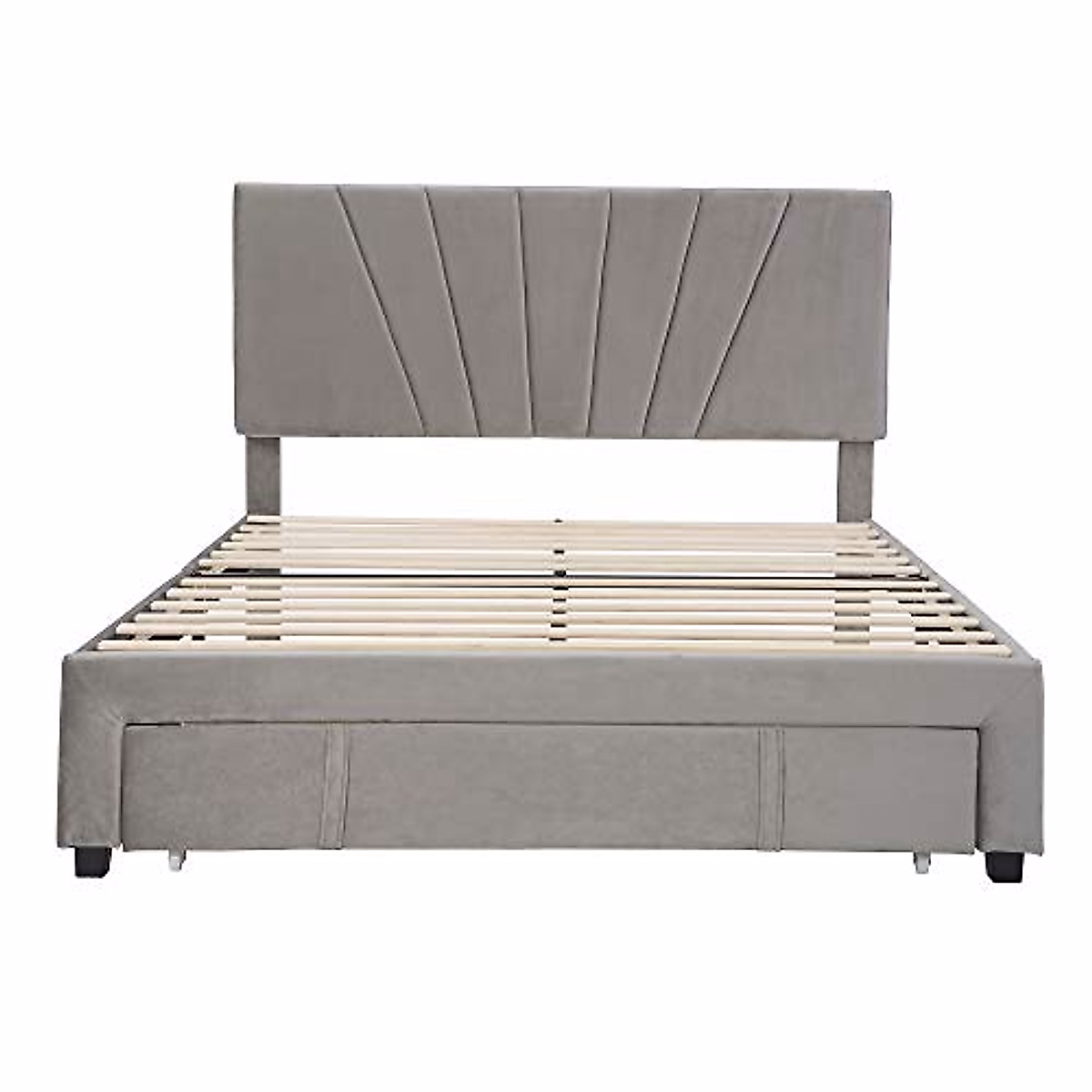 Rhomtree Queen Size Bed Frame with 1 Big Storage Drawer, Velvet Upholstered Storage Bed Frame, Easy Assembly, Queen Size Frame (Gray)