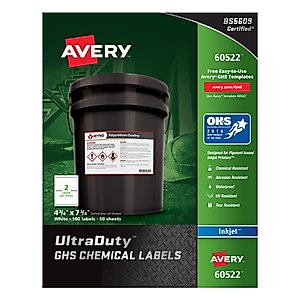 Avery UltraDuty GHS Chemical Labels for Pigment Inkjet Printers, Waterproof, UV Resistant, 4.8 x 7.8 (60522)