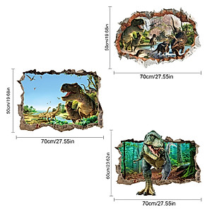 DILIBRA 3PCS 3D Broken Giant Dinosaur Wall Sticker, Simulation Crack Hole Dinosaur Wall Decal, Self-Adhesive Dinosaur Cracked Smashed Wall Decor Mural for Boys Bedroom Baby Kids Nursery